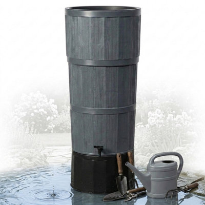 150L Graphite XL Premium Oak Wood Water Butt Complete With Stand, Tap ...