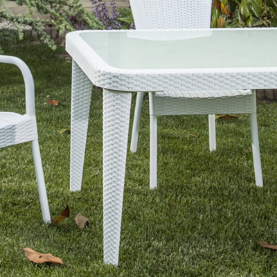 150x90cm Glass Top Outdoor Dining Table Rounded Corner White Garden ...