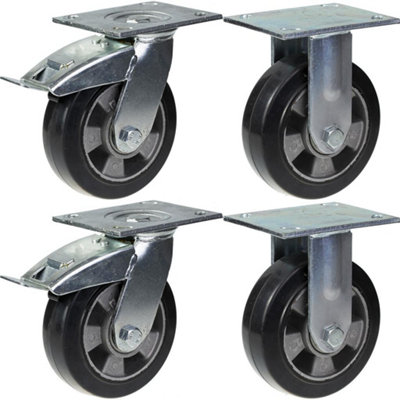 152mm 6" castor black rubber brake & fixed strong 1320kg capacity, set of 4