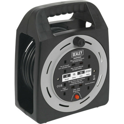 15m Box Type Cable Reel - 4 x 230V Plug Socket Extension Lead - Thermal ...