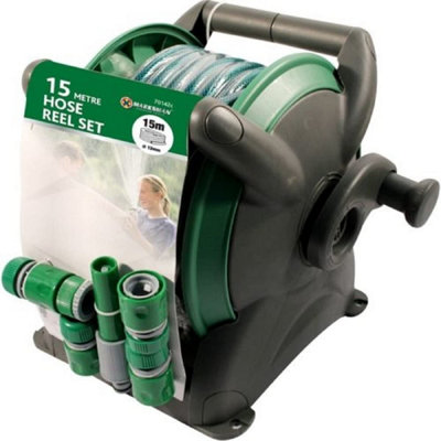 15m Garden Hose Pipe & Compact Wall Reel Fittings Set Standing Wall ...