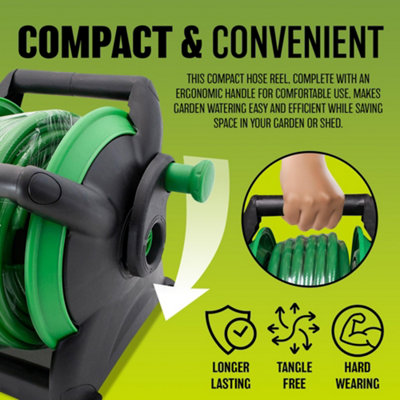 15m Garden Hose Pipe & Compact Wall Reel Fittings Set Standing Wall ...