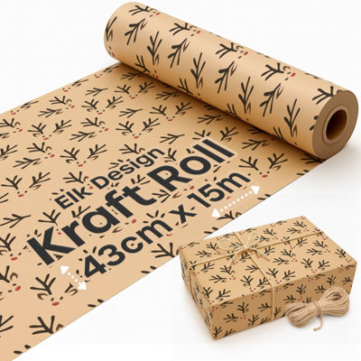 15M Kraft Wrapping Paper Roll with Elk Design, Eco-Friendly Brown Gift ...