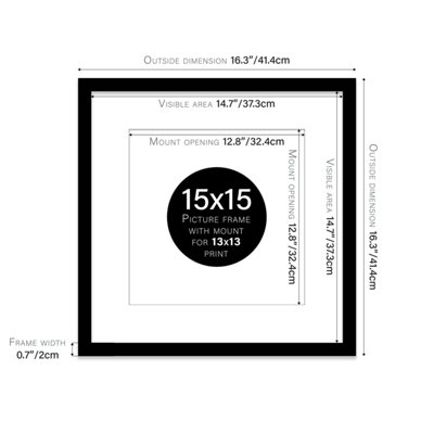 15x15" Black Picture Frame - 15x15" Square Frame with 13x13" Mount for ...