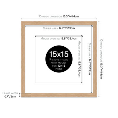 15x15" Oak Picture Frame - 15x15" Square Frame with 13x13" Mount for ...