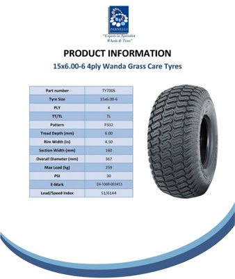 15x6.00-6 Lawnmower Tyre Grass Turf Ride On Mower Tubeless Wanda P332 ...