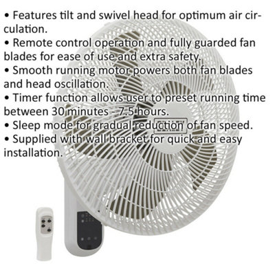 16 Inch Wall Mounted Fan - 3 Speed Settings - Remote Control - Tilt ...