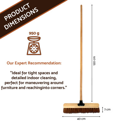 16-Inch Wide Coco Broom with Wooden Handle - Soft Bristle Indoor ...