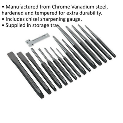 16 Piece Durable Steel Punch and Chisel Set with Sharpening Gauge for ...