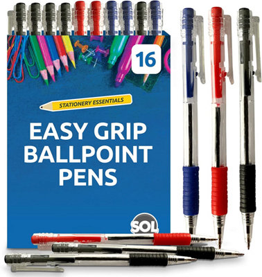 16 Retractable Ballpoint Pens Set - 4 Red, 4 Blue and 8 Biro Pens Black ...