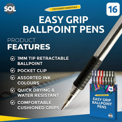16 Retractable Ballpoint Pens Set - 4 Red, 4 Blue and 8 Biro Pens Black ...