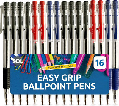 16 Retractable Ballpoint Pens Set - 4 Red, 4 Blue and 8 Biro Pens Black ...