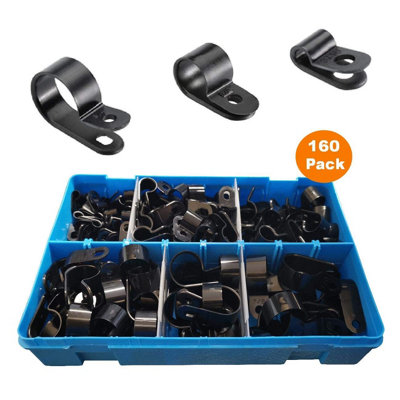160 x Assorted Black Nylon P Clips for Conduit, Cable, Tubing & Sleeving