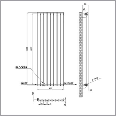 1600x472mm Vertical Single Oval Column Designer Radiator White