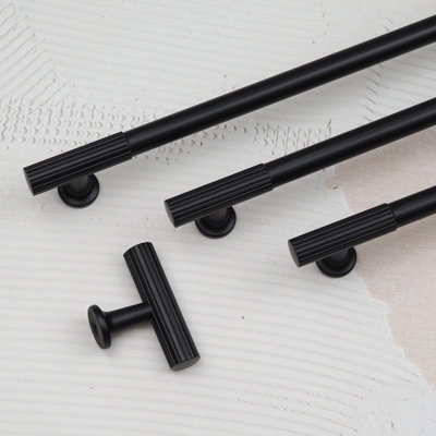 160mm Matt Black Textured Cabinet Handle T-Bar Reeded Cupboard Door ...