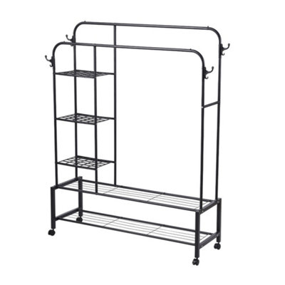 165cm H Double-Rod Clothes Rack with Shelves and Wheels in Black