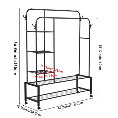165cm H Double-Rod Clothes Rack with Shelves and Wheels in Black