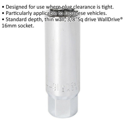 16mm Thin Walled Spark Plug Socket for Tight Spaces - 3/8" Drive - 63mm ...