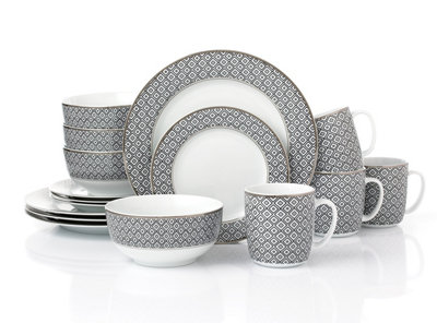 16pc Black Diamond Dinner Set with Silver Line