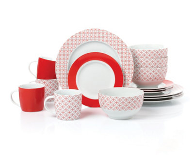 16pc Geo Red & White Dinner Set