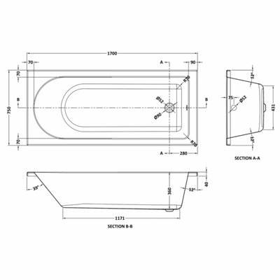 1700 x 750mm Round Bathtub, Front Panel with Square Bath Screen ...