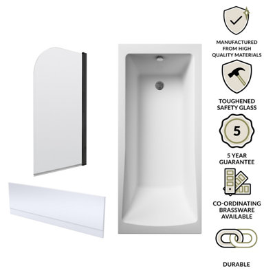 1700 x 750mm Square Bathtub, Front Panel and Bath Screen - Black Profile