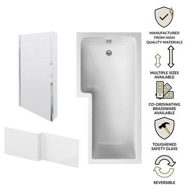 1700mm L Shape Bathtub, Front Panel with Shower Bath Screen - Chrome