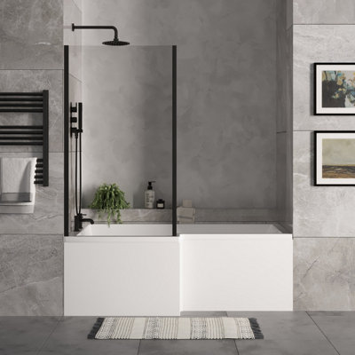 1700mm Left Hand Bathtub, Front Panel and Fixed Screen - Black