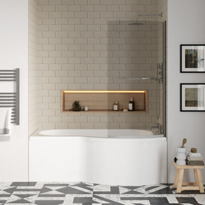 1700mm P Bathtub, Front Panel with Screen with Rail - Chrome Profile