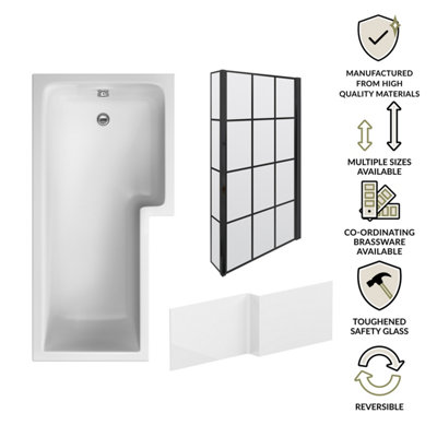 1700mm Right Hand L Shape Bathtub, Front Panel with Hinged Screen ...