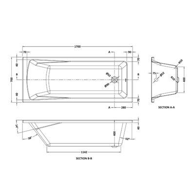 1700mm Square Bathtub, Front Panel with Hinged Bath Screen - Chrome Profile