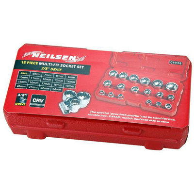 18 pcs 3/8" Dr Multi Fit Socket Set with Holding Rail Star SAE Metric ...