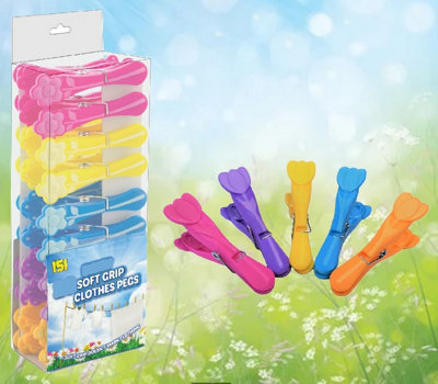 18 Soft Grip Clothes Pegs Plastic Coloured Flower Laundry Washing Line ...