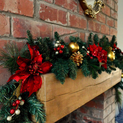 180cm (6ft) Deluxe Red and Gold Poinsettia Christmas Garland Decoration ...