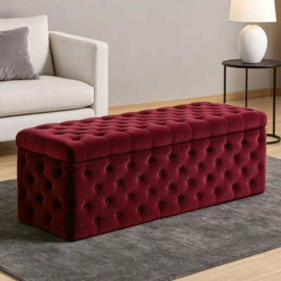 180cm Wide Lux Ottoman Storage Box, Red Velvet Upholstered Chesterfield ...