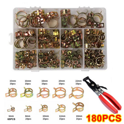 180pc Zinc Plated Spring Hose Clamp & Pliers Set 6-22mm, Fuel & Water Lines