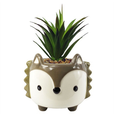 18cm Ceramic Grey Fox Planter with Artificial Dracaena Plant | DIY at B&Q