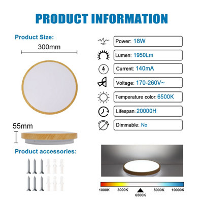18W 300mm LED Daylight Flush Ceiling Light, Wood Effect