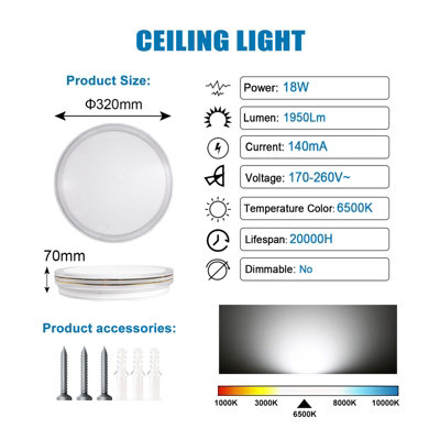 18W LED Ceiling Light, daylight 6500K, 1950 Lumen, Round, Gold Edged