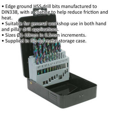 19 Piece HSS Drill Bit Set - Precision Edge Ground 1mm to 10mm for Hand ...