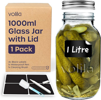 1L Glass Mason Jar with Leakproof Lid - Preserving, Pickling, Overnight ...