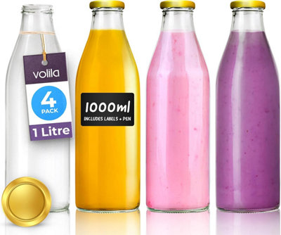 1L Glass Milk Bottles with Leakproof Lids 4 Pack Reusable Beverage ...