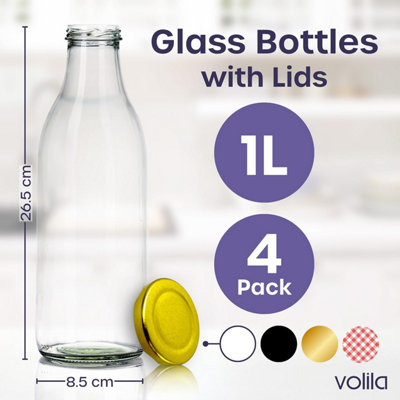 1L Glass Milk Bottles with Leakproof Lids 4 Pack Reusable Beverage ...