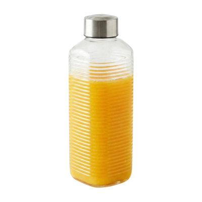 1L Ribbed Glass Water Bottle with Silver Lid Fridge Storage Carafe ...