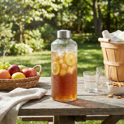 1L Ribbed Glass Water Bottle with Silver Lid Fridge Storage Carafe ...