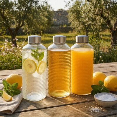 1L Ribbed Glass Water Bottle with Silver Lid Fridge Storage Carafe ...