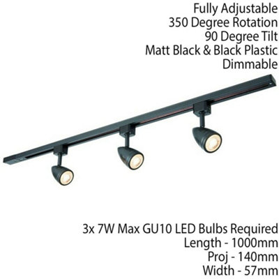 1m Adjustable Ceiling Track Spotlight Kit Matt Black 3x GU10 Downlight Rail