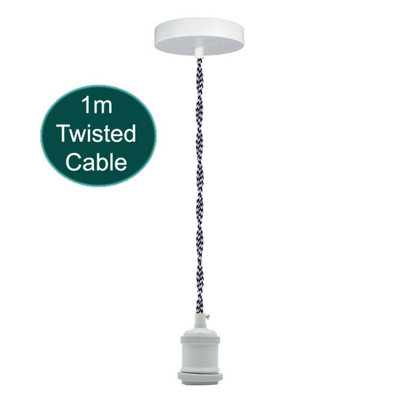 1m Black &White Twisted Cable E27 Base White Ceiling Light Fitting Lamp ...