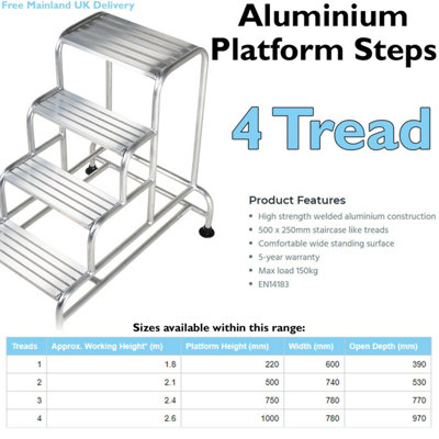 1m Tall Stable Steps Sturdy Aluminium Frame 500mm Wide 4 Tread Step ...