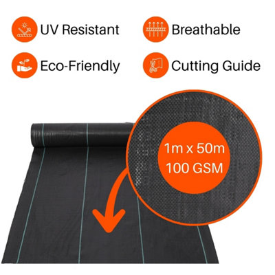 1m x 50m Weed Control Fabric Membrane 100gsm Heavy Duty UV Stabilised ...